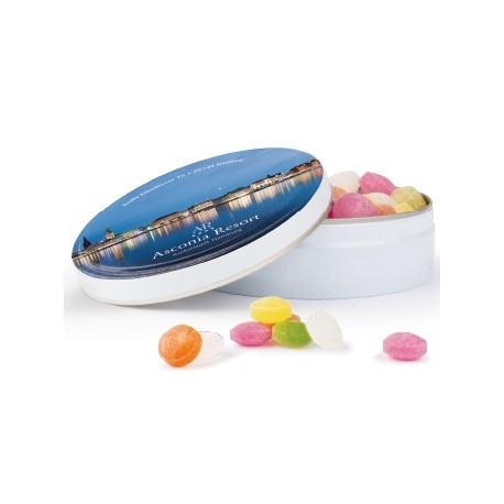 Metal dåser med minibolsjer incl farvefoto.