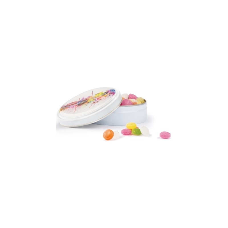 Metal dåser med minibolsjer incl farvefoto.